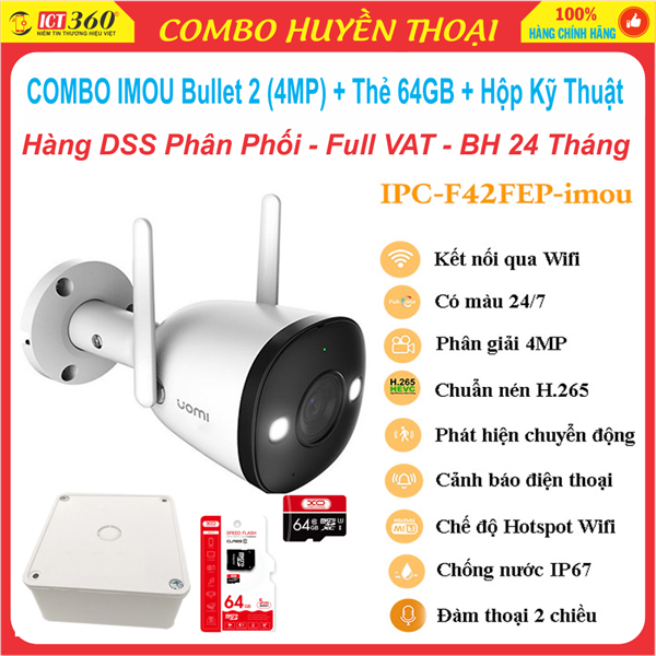 Combo Camera Ngoài Trời imou Bullet 2 ( 4MP - F42FEP) Full Color + Thẻ ...